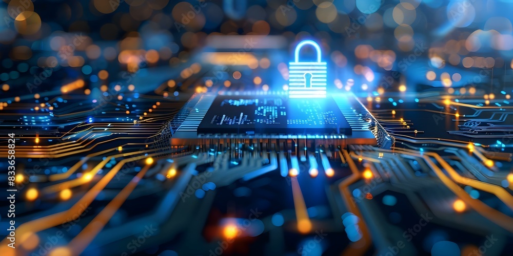 Abstract blue microchip with lock symbol represents endpoint security ...