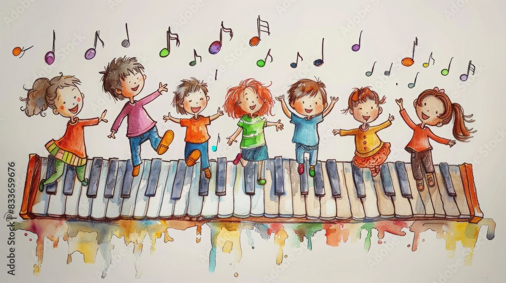 Cartoon Drawing of Kids Dancing on Musical Notes Stock Illustration ...