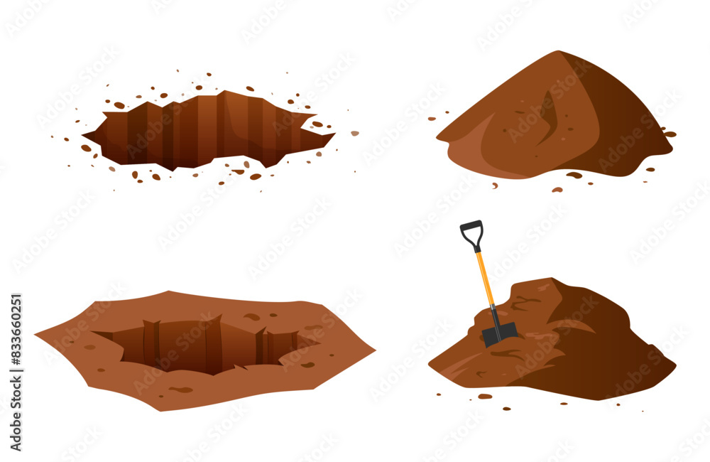 Ground pit and pile with a shovel. Cartoon hole in a soil. Vector ...