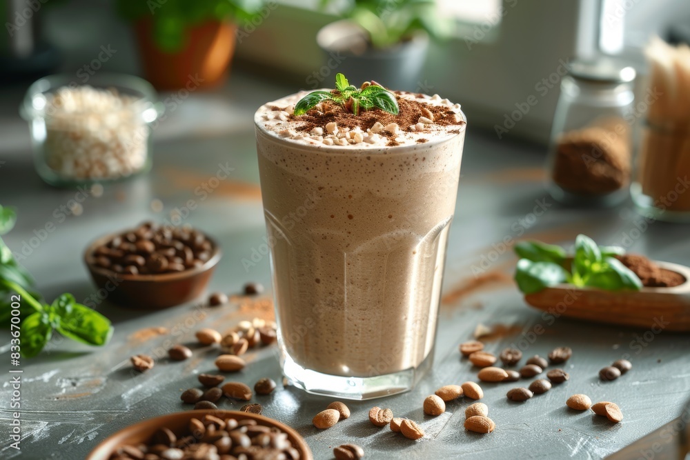 a protein shake with various ingredients displayed on a kitchen counter ...