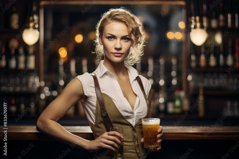Elegant female bartender serving a pint of beer in a classic bar ...