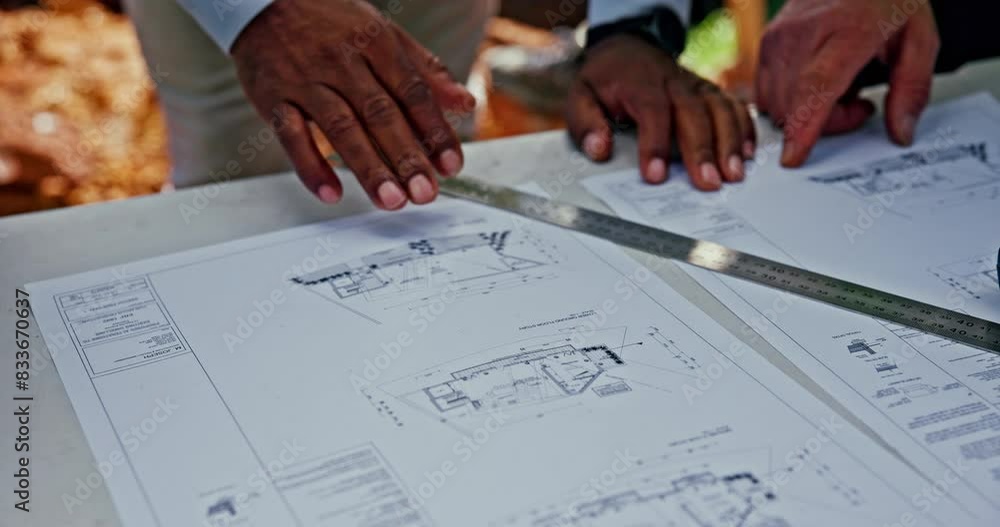 Hands, blueprint and man for architecture, planning and design with ...