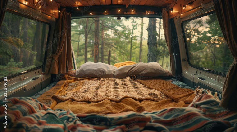 Escape to a dreamy van sleeping spot overlooking the forest, embracing ...