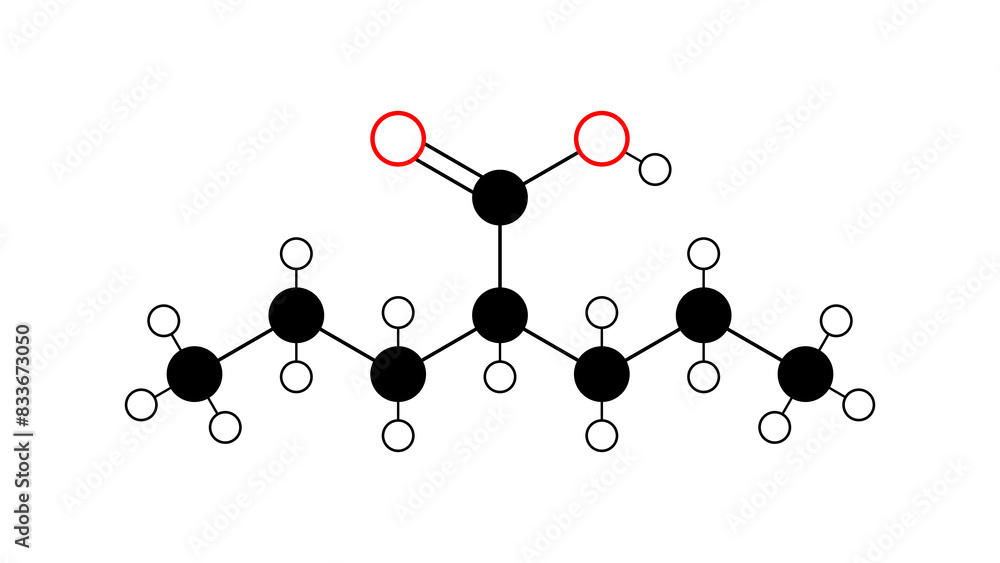 valproate molecule, structural chemical formula, ball-and-stick model ...