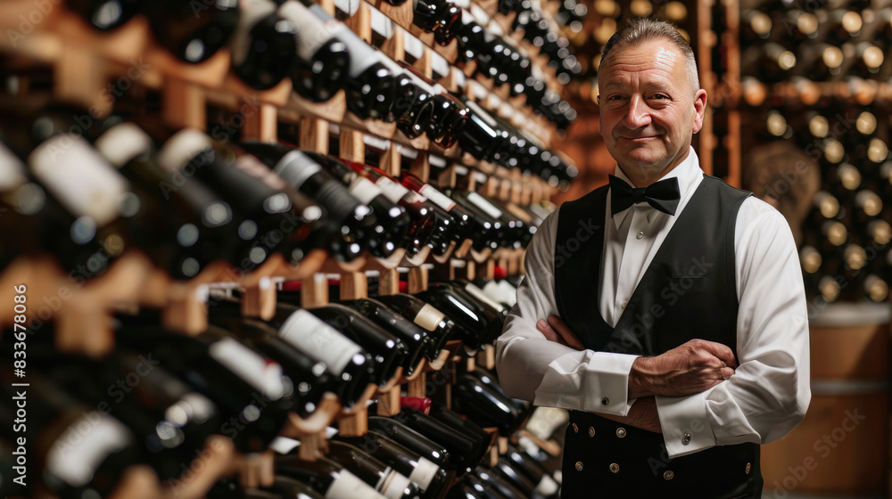 Professional sommelier dressed in black and white uniform, standing ...