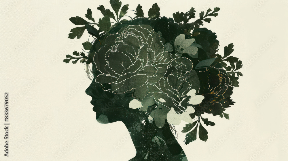 Silhouette of a woman's profile, featuring a beautiful bouquet of ...