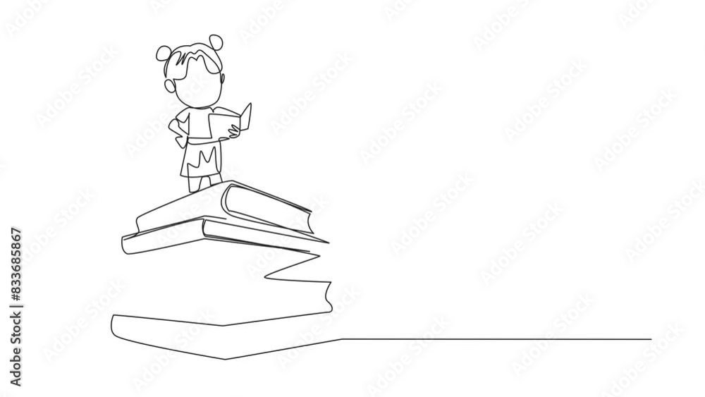 Animated self drawing of continuous line drawing girl standing on pile ...