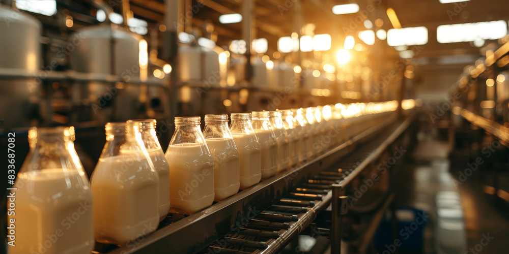 Bottles of milk on a conveyor belt in a dairy processing plant ...