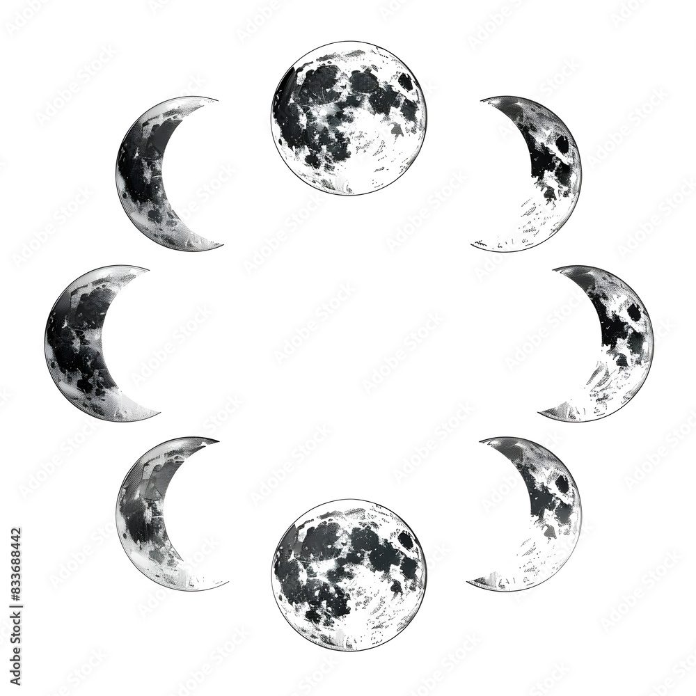 Minimalist Astronomy Outline Drawing of Lunar Phases Showing All Moon ...