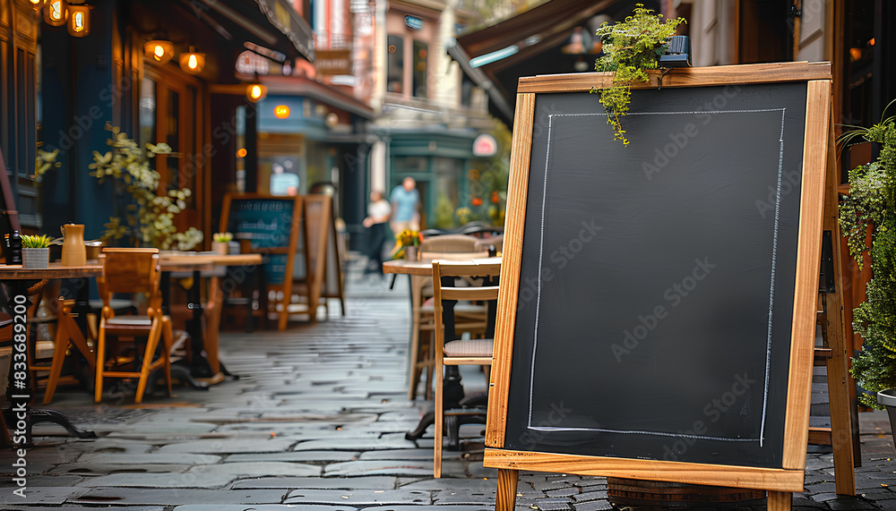 Blank blackboard restaurant shop sign or menu boards near the entrance ...