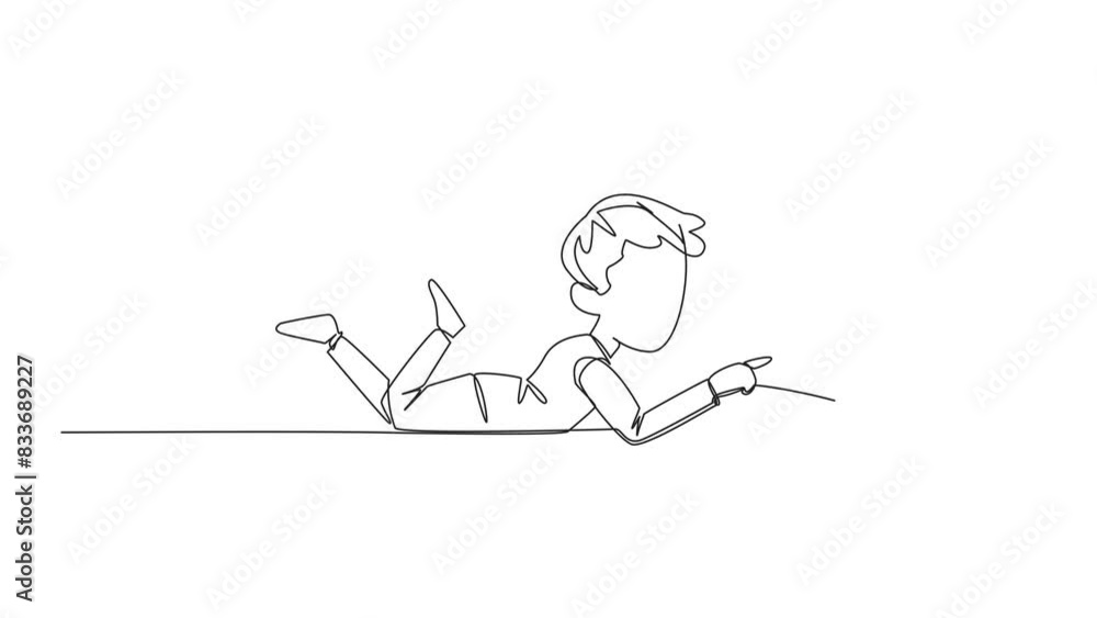 Self drawing animation of one line drawing boy lying on his stomach ...
