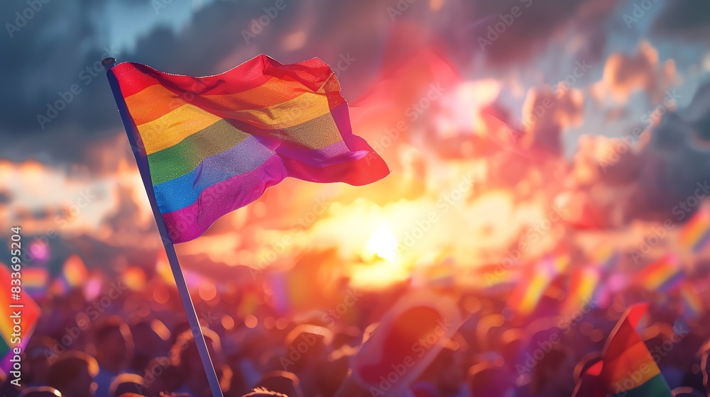 Vibrant LGBTQ+ pride flags wave in the sunset, symbolizing unity, love ...