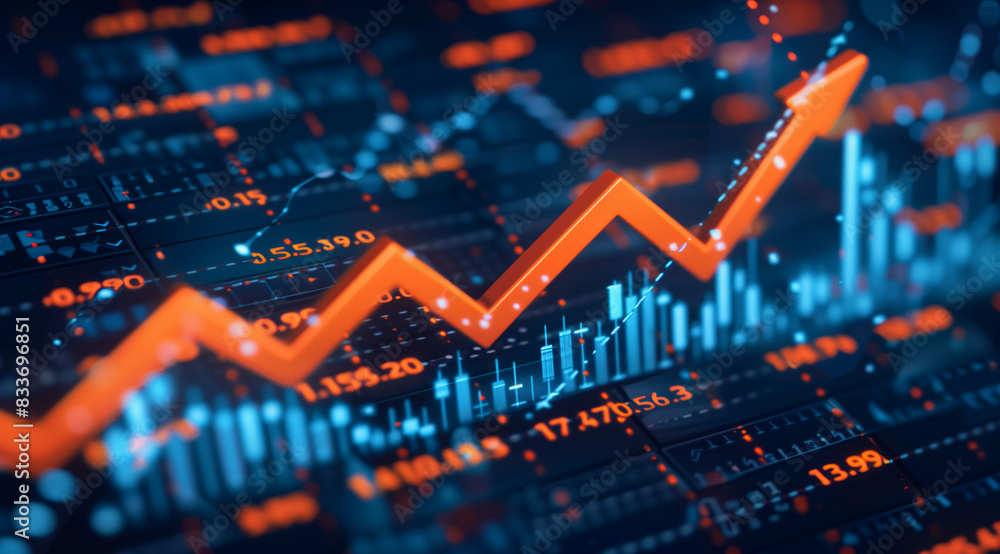 An orange arrow pointing upwards symbolizes an upward stock market ...