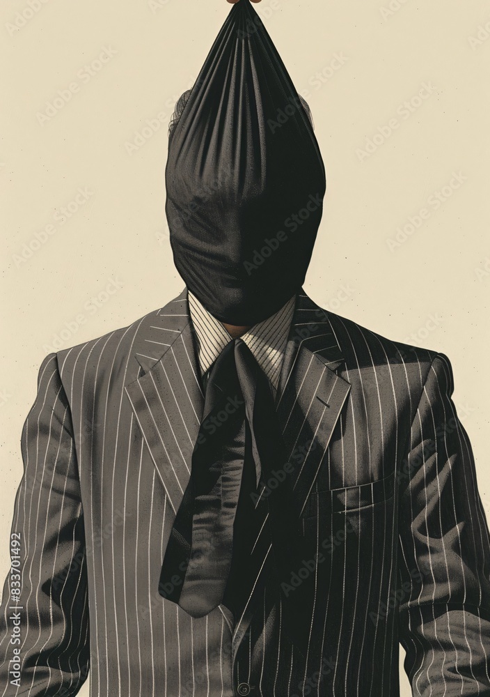 Compelling image of a man in a pinstripe suit with a missing head ...