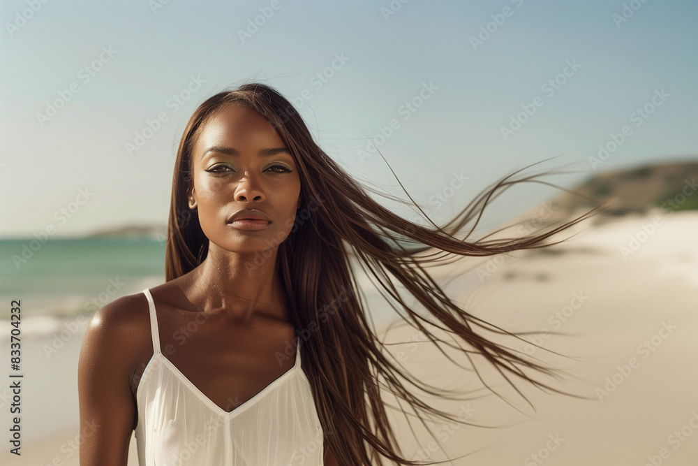 african american model standing next to ocean, posing in white summer ...