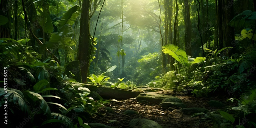 Realistic photo of a lush tropical forest with tall trees, underbrush ...