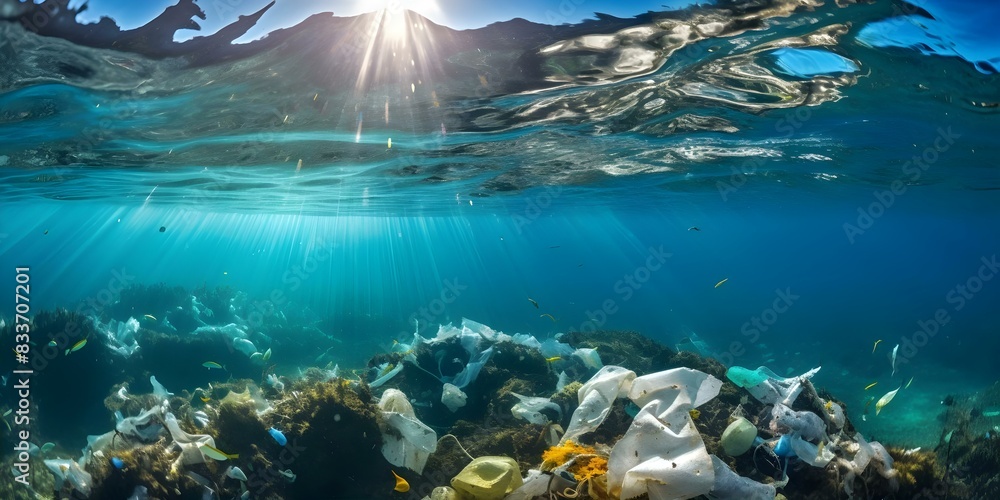 Trash polluting coral reef in underwater environment harming marine ...