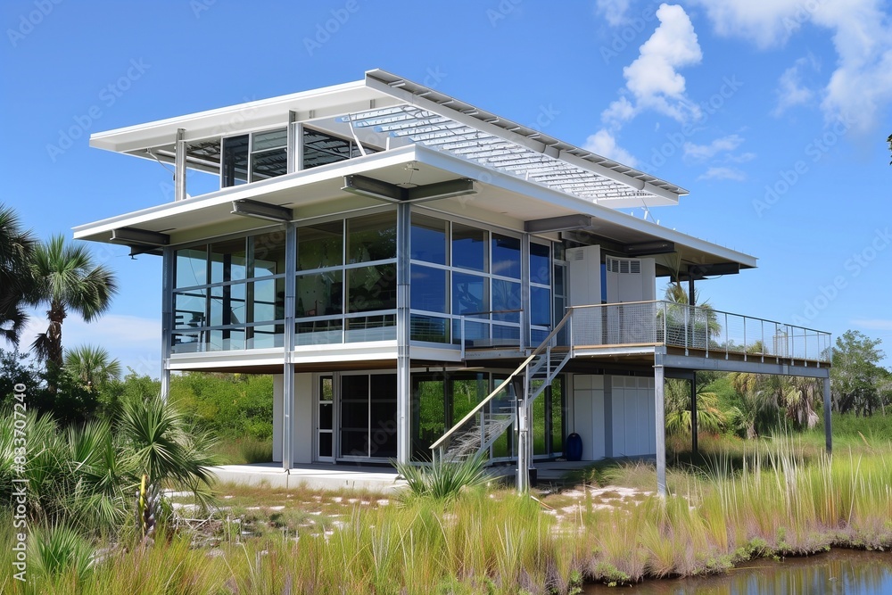 Modern Hurricane-Resistant Home with Solar Panels, Storm Shutters, and ...