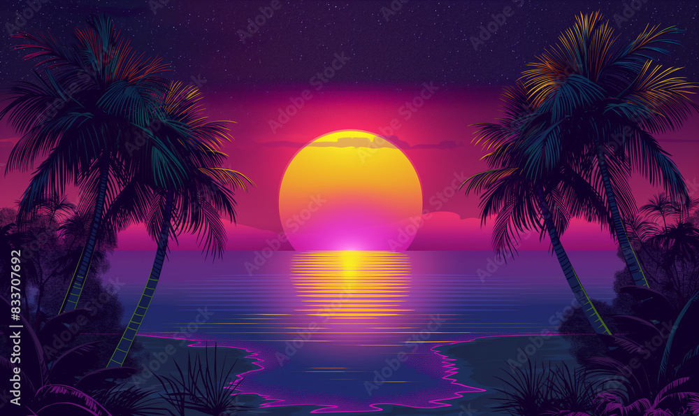 Beach sunset with palm trees, vector illustration, colorful, in the ...