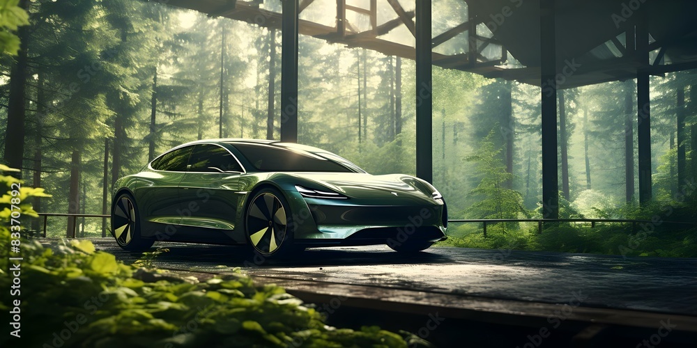 EV car charging at green EV station in forest ec. Concept Electric ...