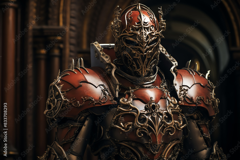 Ornate, detailed, red and gold armored knight in a dark setting. Stock ...