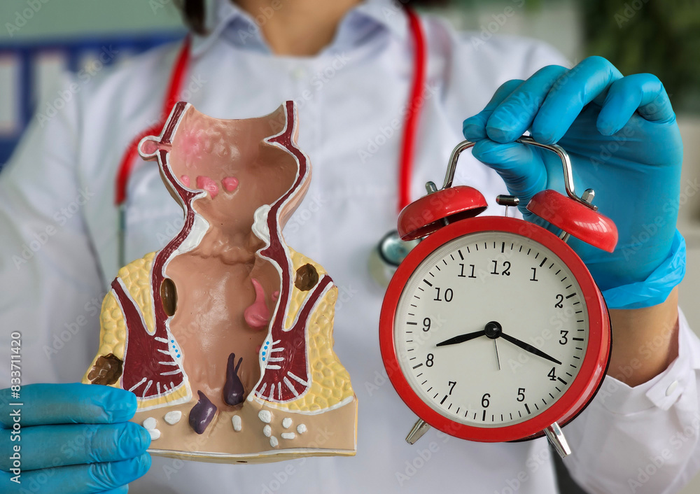 Doctor holding artificial rectum model and alarm clock. Timing and ...