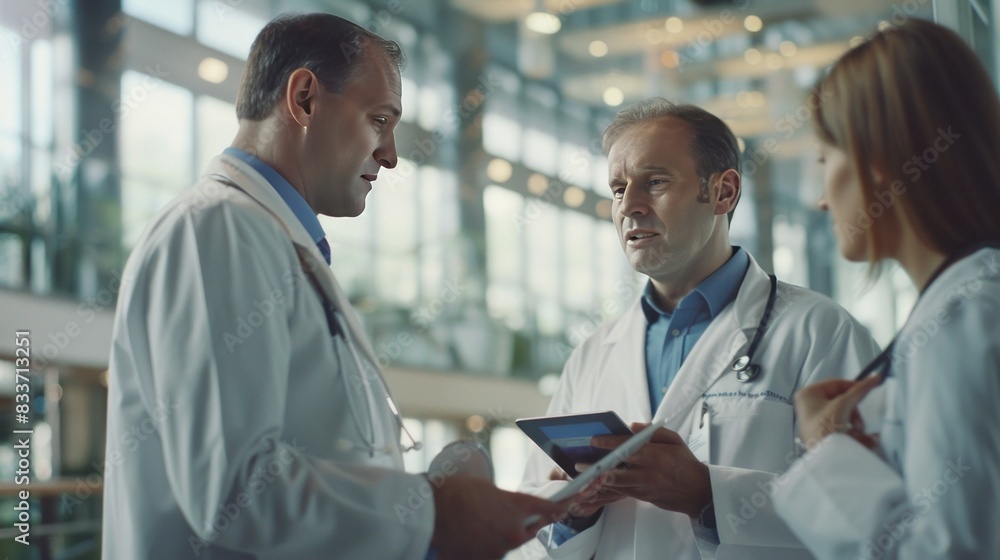 Hospital teamwork, digital tablet and healthcare planning, research collaboration and medical ...