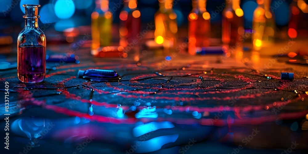 Forensic investigation at murder scene with chalk outline and evidence ...