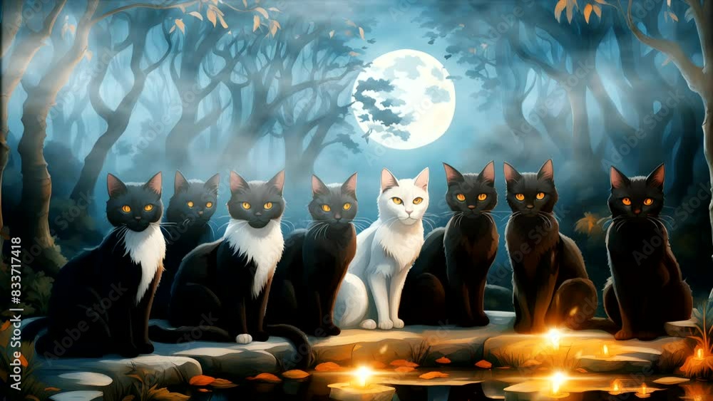 Seamless looping animation of a group of cats with a full moon. Time ...
