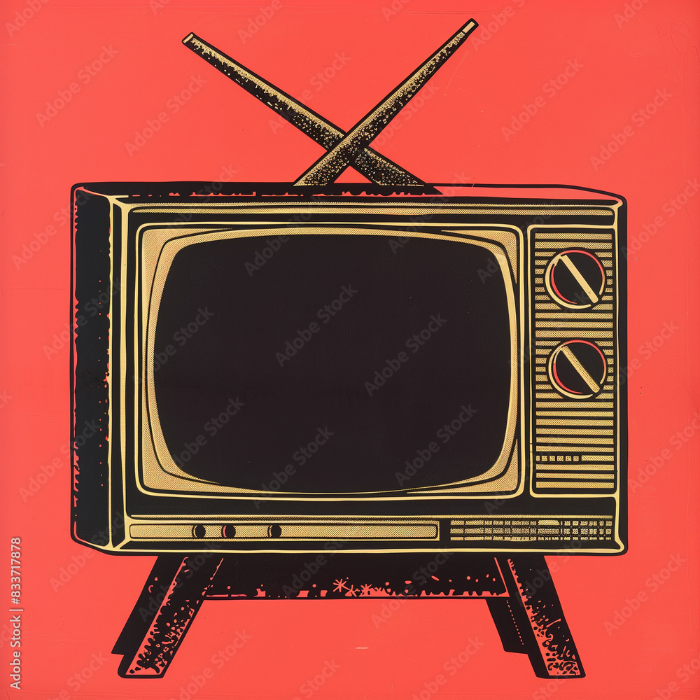 TV set of 70s on stand legs with old antennas. Telecasts turned off ...