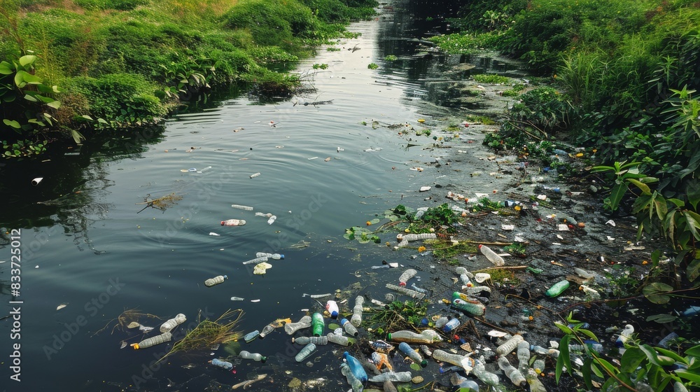 River polluted with floating plastic bottles and debris, showing the ...