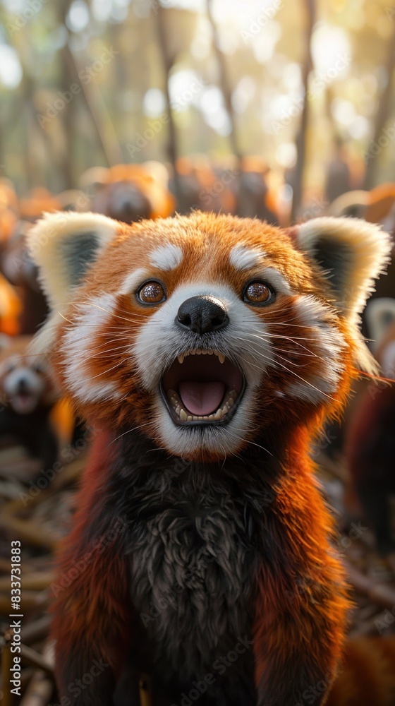 Cinematic still from a wildlife adventure, featuring a group of playful ...