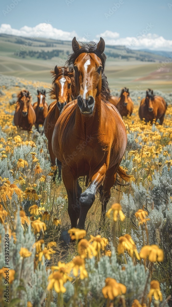 Hyper-realistic painting of a majestic herd of wild mustangs galloping ...