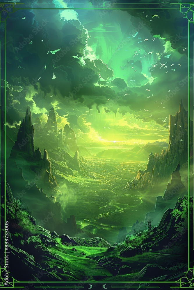 Cartoon fantasy RPG card background showcases a mythical land bathed in ...