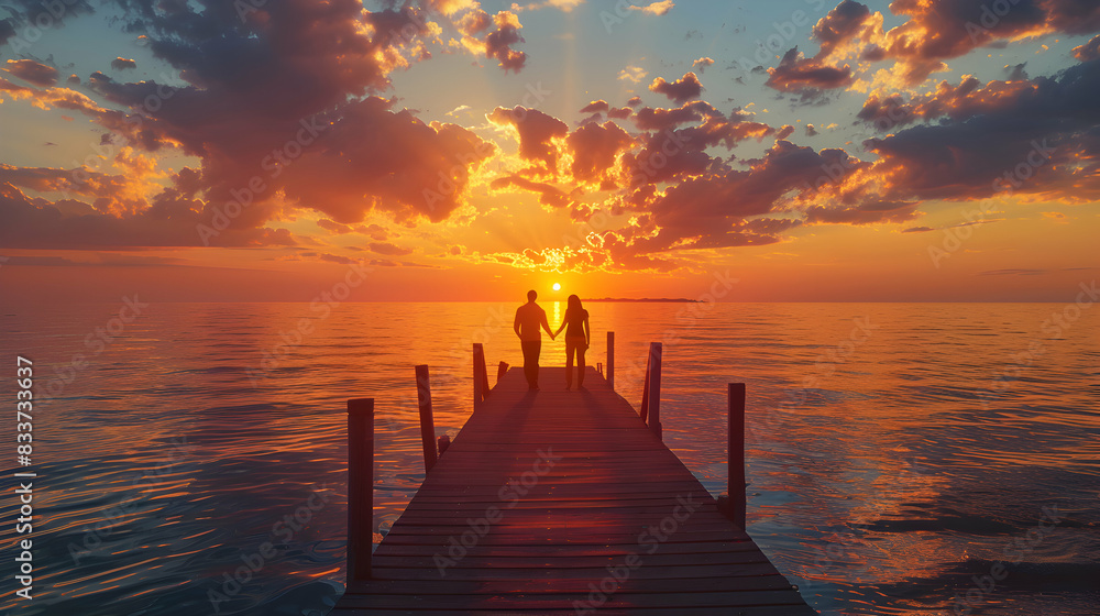 Romantic Lovers Reuniting at Sunset Pier Illustration, Symbolizing Love ...