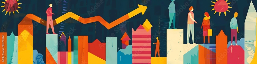 An illustrative bar graph with a bold, upward arrow and radiant colors ...