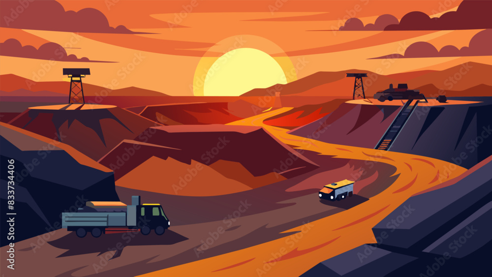 The sun setting over a massive open pit mine filled with tar sands and ...