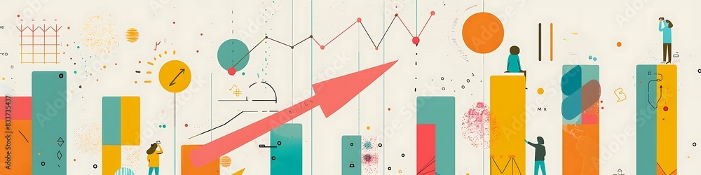An illustrative bar graph with a bold, upward arrow and radiant colors ...