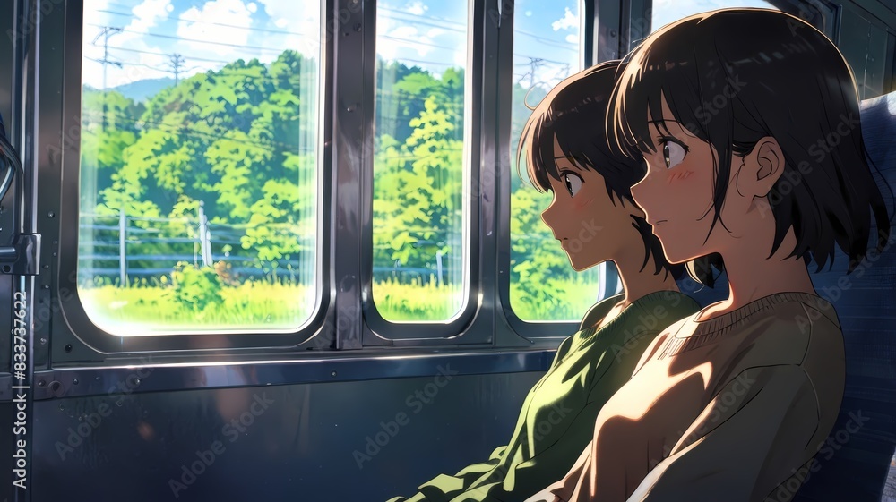 Cute couple boy girl in train, travelling Anime style illustration ...