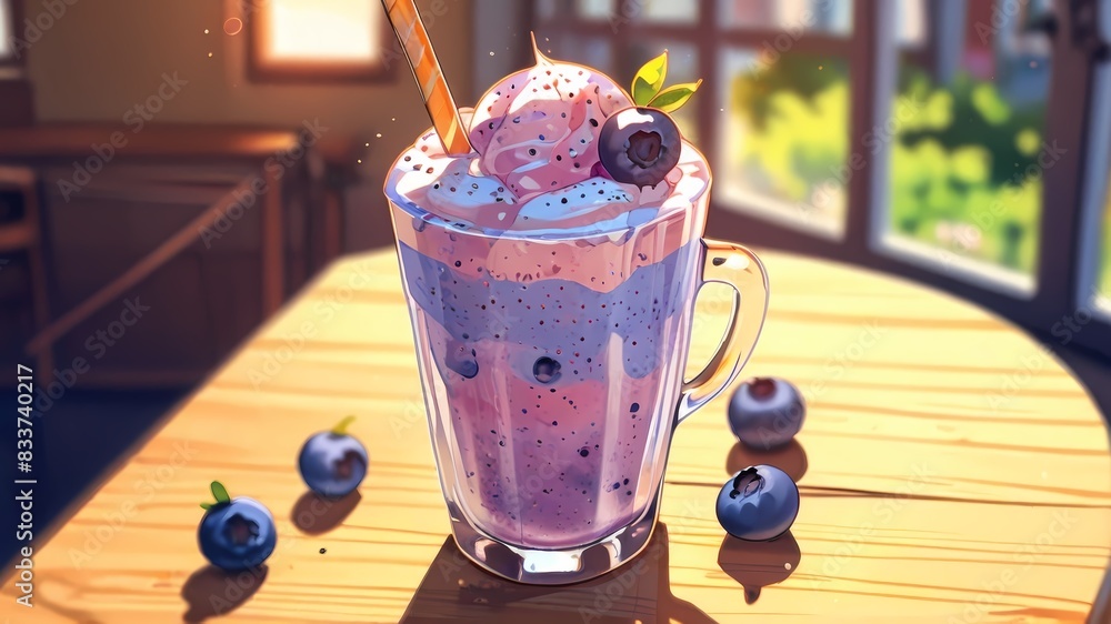 Blueberry milkshake on wooden table Anime style illustration, anime ...