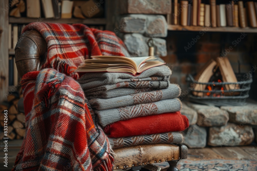 cozy fall concept banner with a welcoming fireplace, soft blankets, and ...