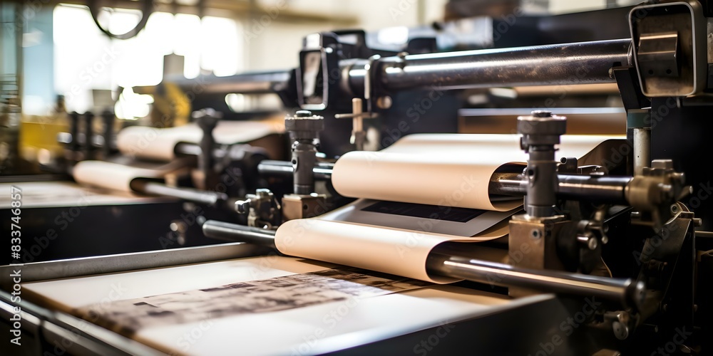 Printing press in action in industrial setting processing paper sheets ...