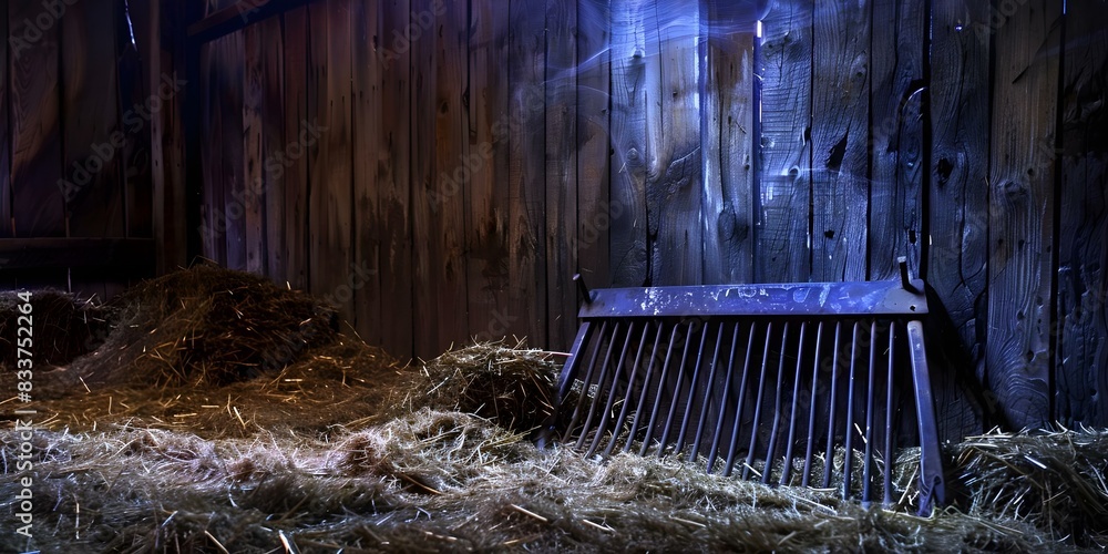 The weathered hay rake leaning against the barn wall, a testament to ...