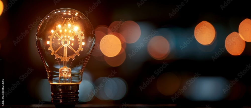 Poster A creative depiction of a light bulb with cogs and gears inside ...