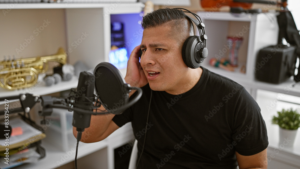 Striking portrait, serious young latin man, a professional musician ...