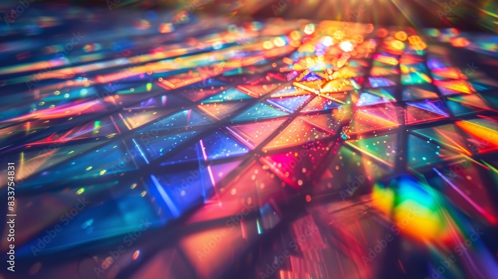 A close-up of a prismatic surface reflecting light in a spectrum of ...