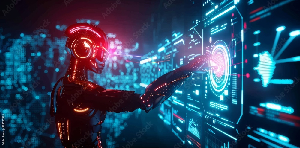 Robot pointing finger, computer coding AI chatbot background, futuristic digital technology ...