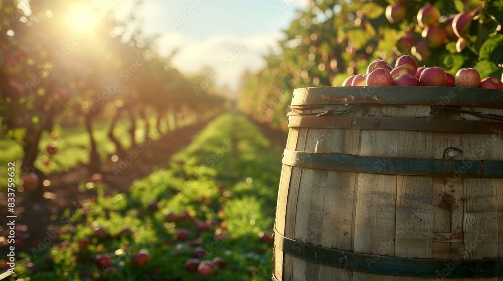 Abundant apple harvest overflowing from a rustic barrel. Wooden barrel ...