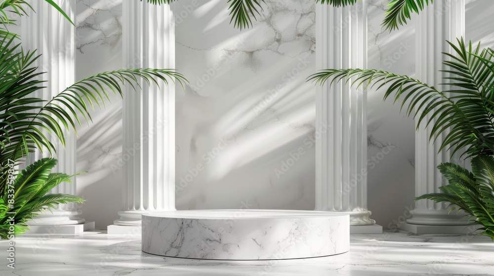 3D Roman/Greek podium for luxury product display. Elegant white marble ...