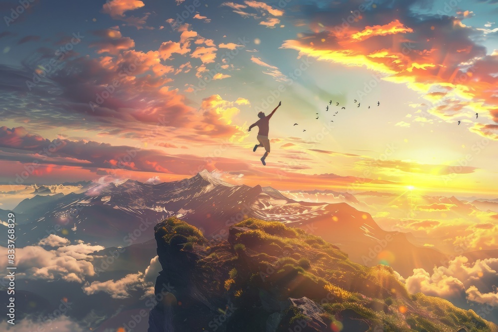 Generative AI vision of a successful woman jumping on top of a mountain ...